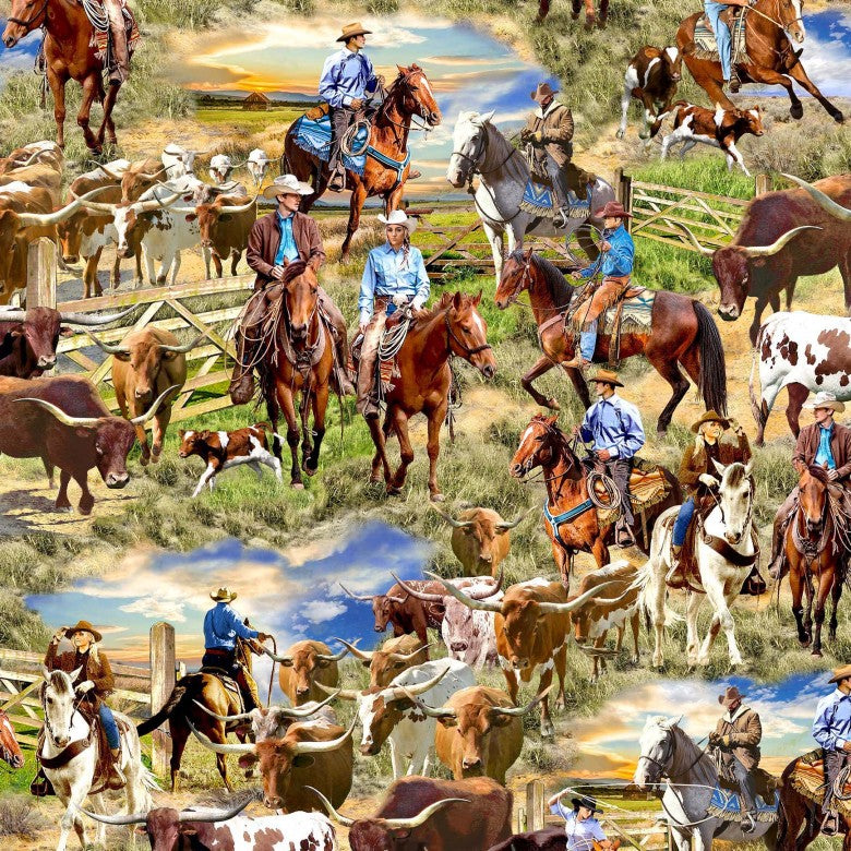 22" x 44" Big Sky Country Fabric by Michael Miller, Multi Western, Cow ...