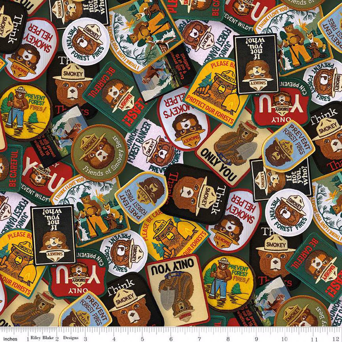 Friends of Smokey Bear Patches Multi Color on Black Fabric by Riley Bl ...