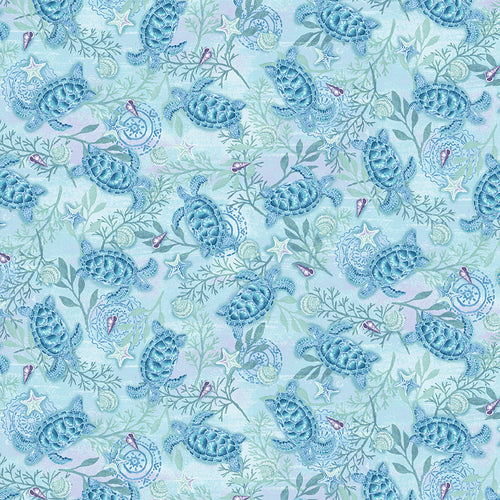 16" x 44" Salt & Sea Fabric by Henry Glass, Sea Turtles, Light Blue, O ...